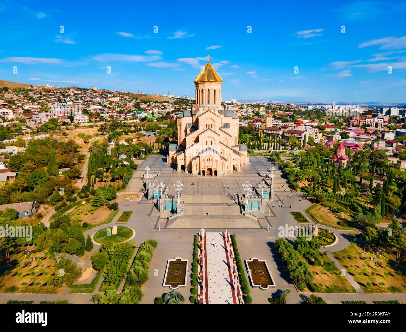Holy Trinity Cathedral or Tsminda Sameba Church aerial panoramic view ...