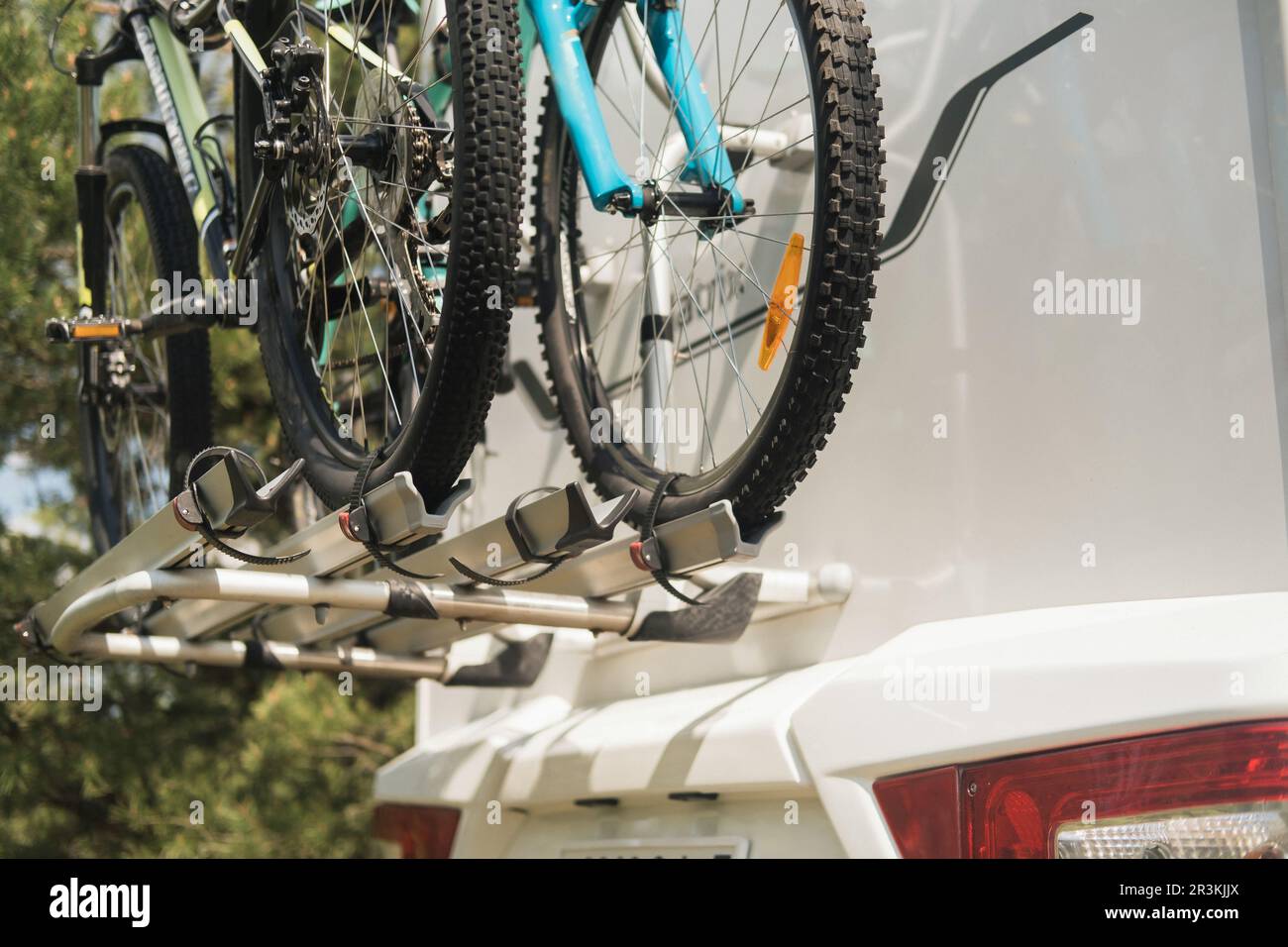 Bicycles are mounted on the motorhome. The concept of travel Stock ...