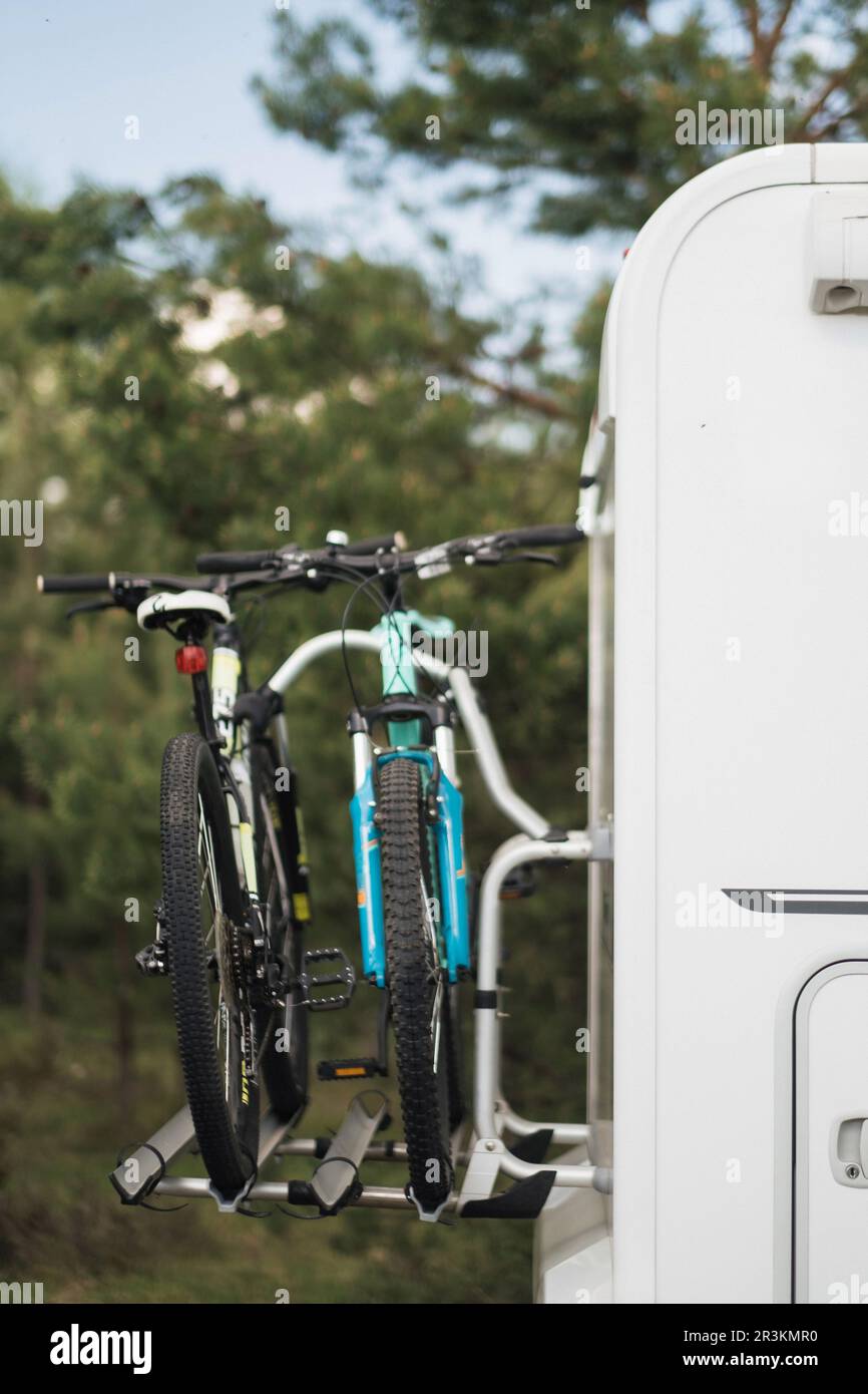 Bicycles are mounted on the motorhome. The concept of travel Stock ...