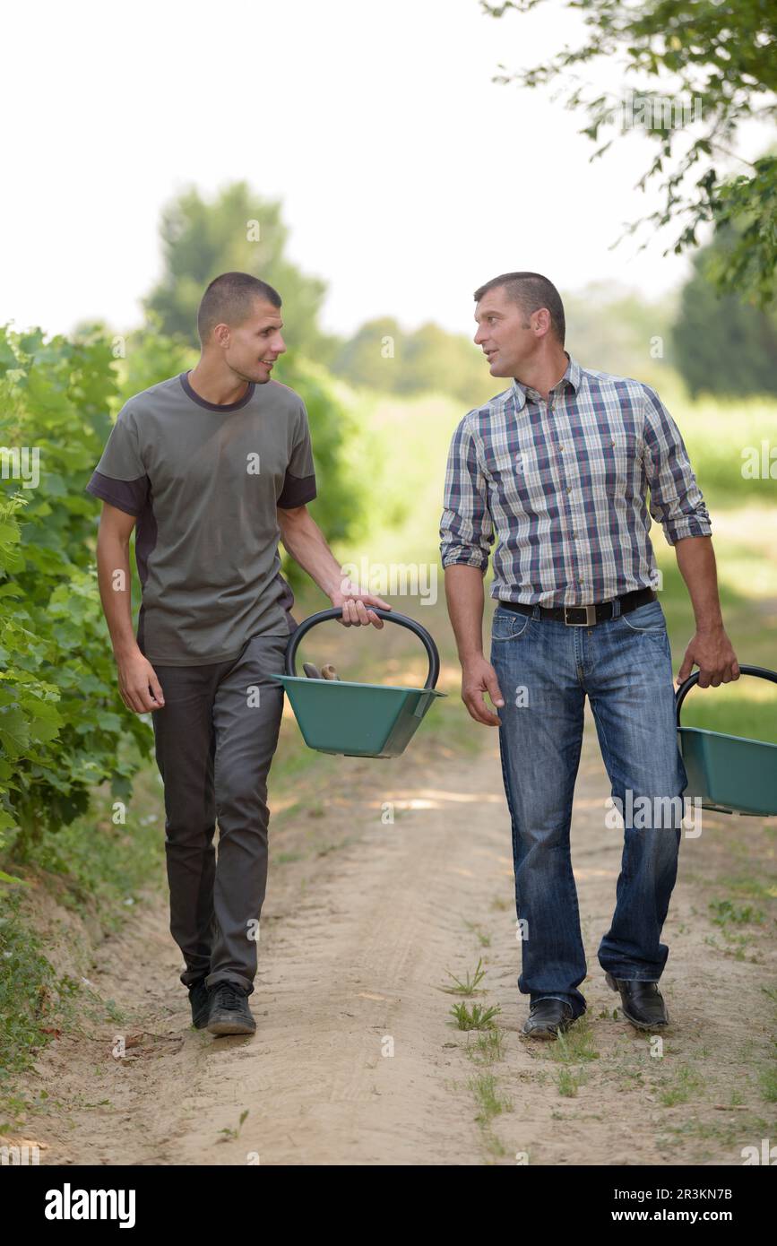 two male farm pickers talking Stock Photo - Alamy