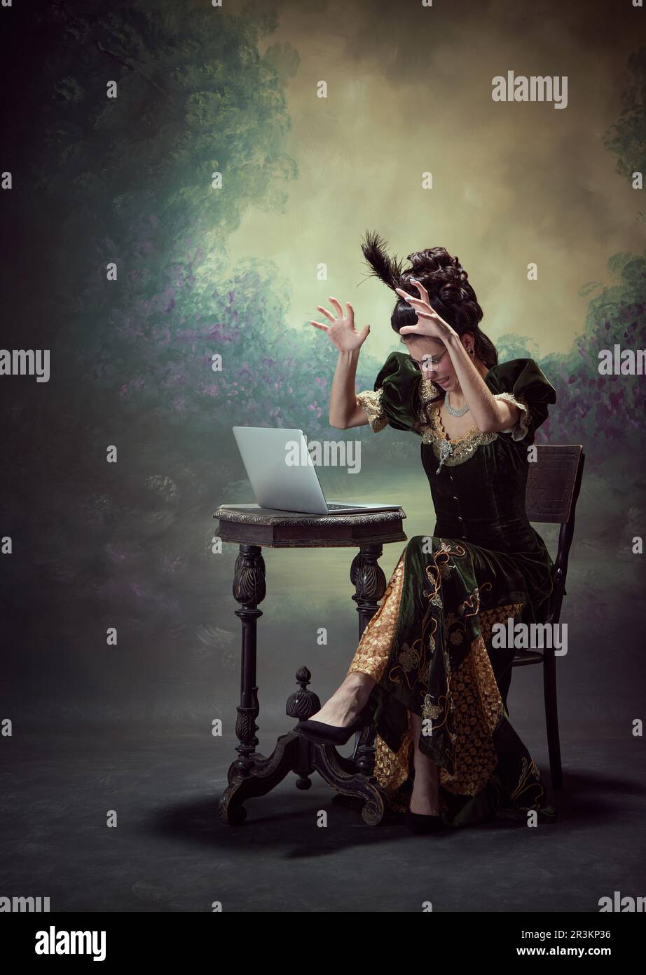 Emotional flow. Portrait of young woman, princess, real person working ...