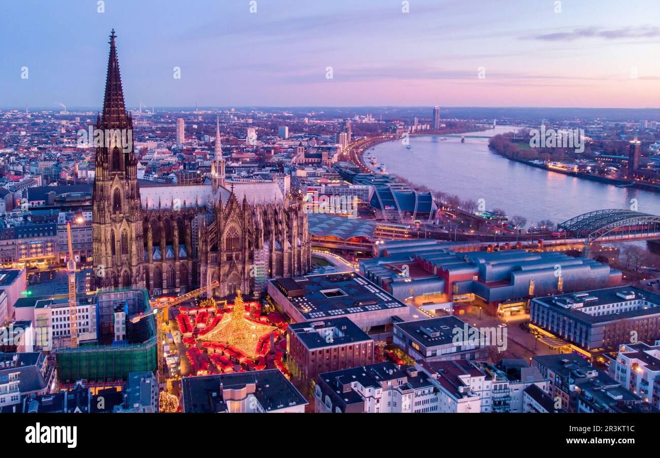 Cologne Germany Christmas market, aerial drone view over Cologne rhine ...