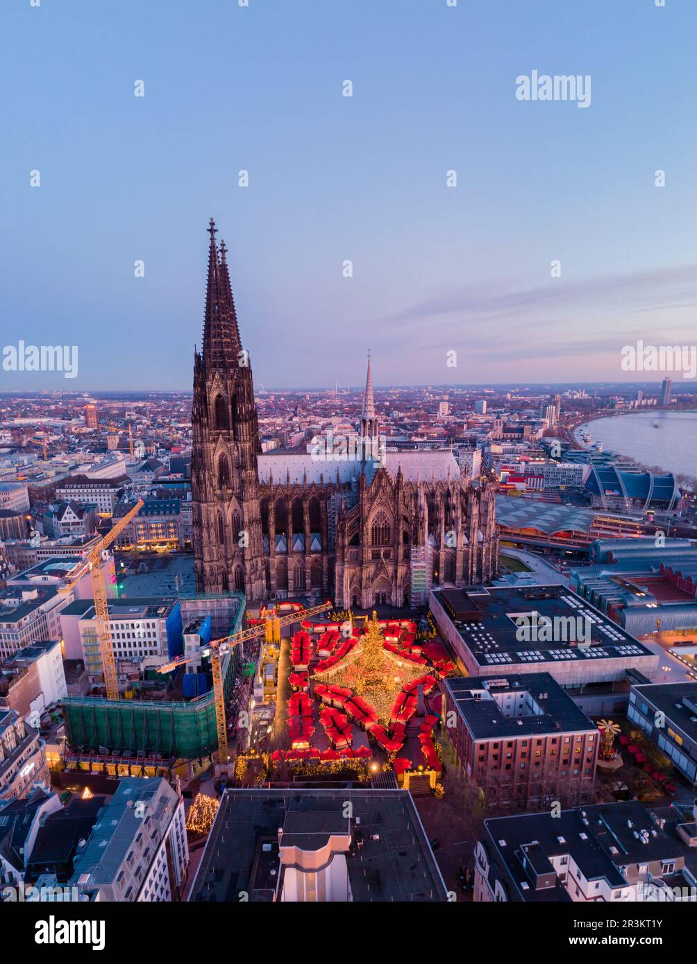 Cologne Germany Christmas market, aerial drone view over Cologne rhine ...
