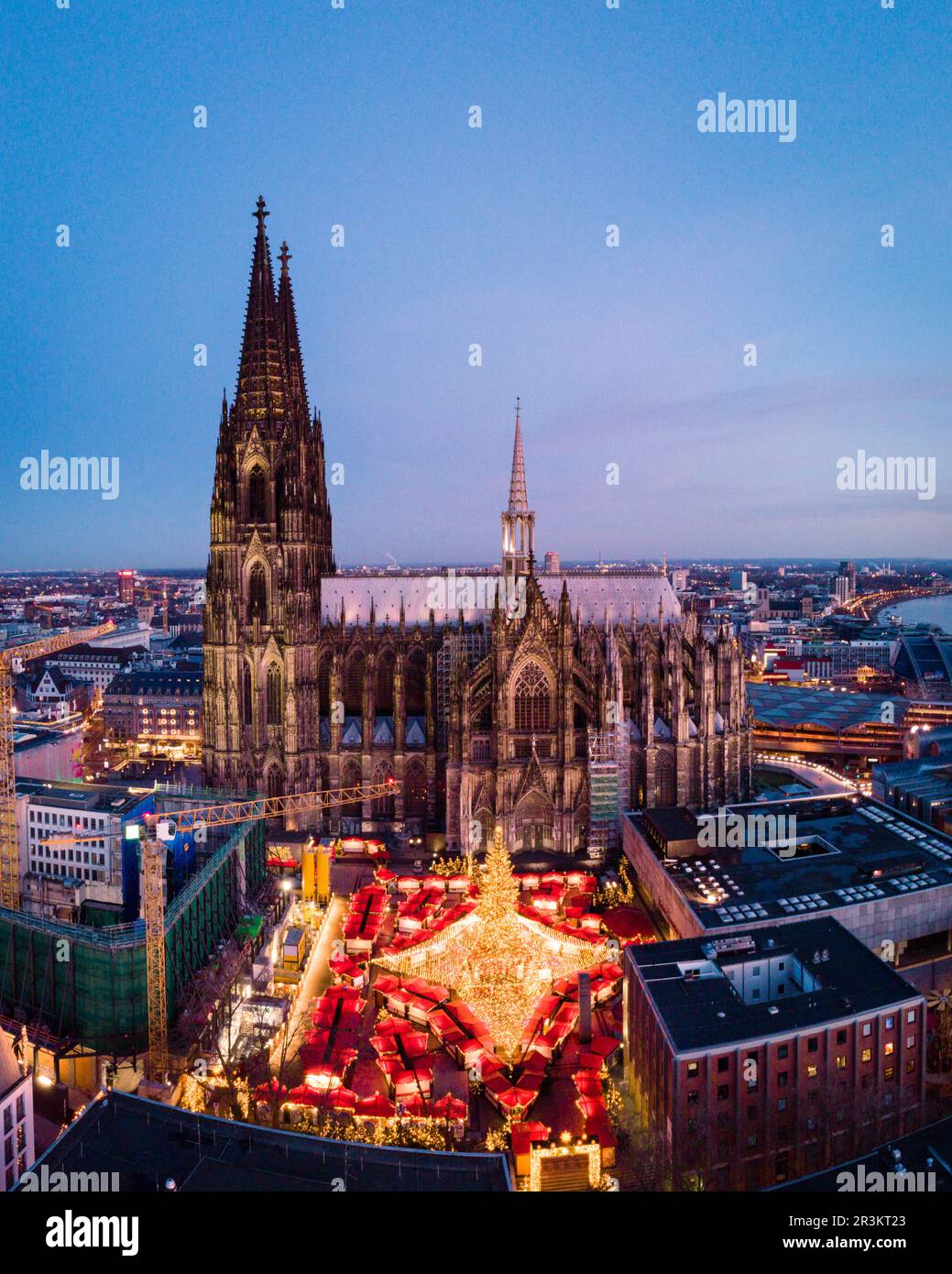 Cologne Germany Christmas market, aerial drone view over Cologne rhine ...