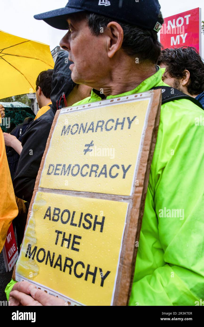 London, UK. 6th May, 2023. Campaigners from anti-monarchy movement ...