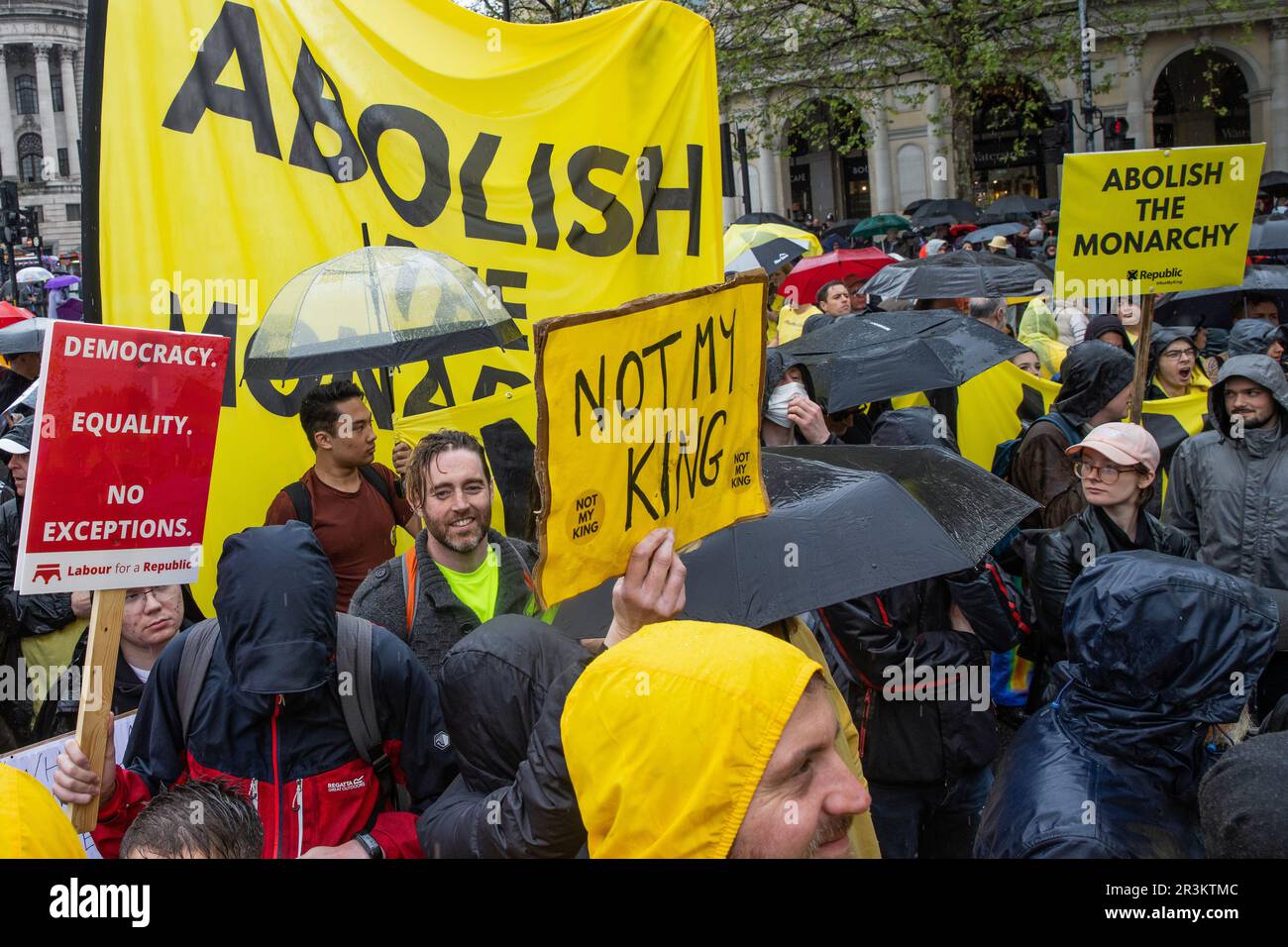 London, UK. 6th May, 2023. Campaigners from anti-monarchy movement ...