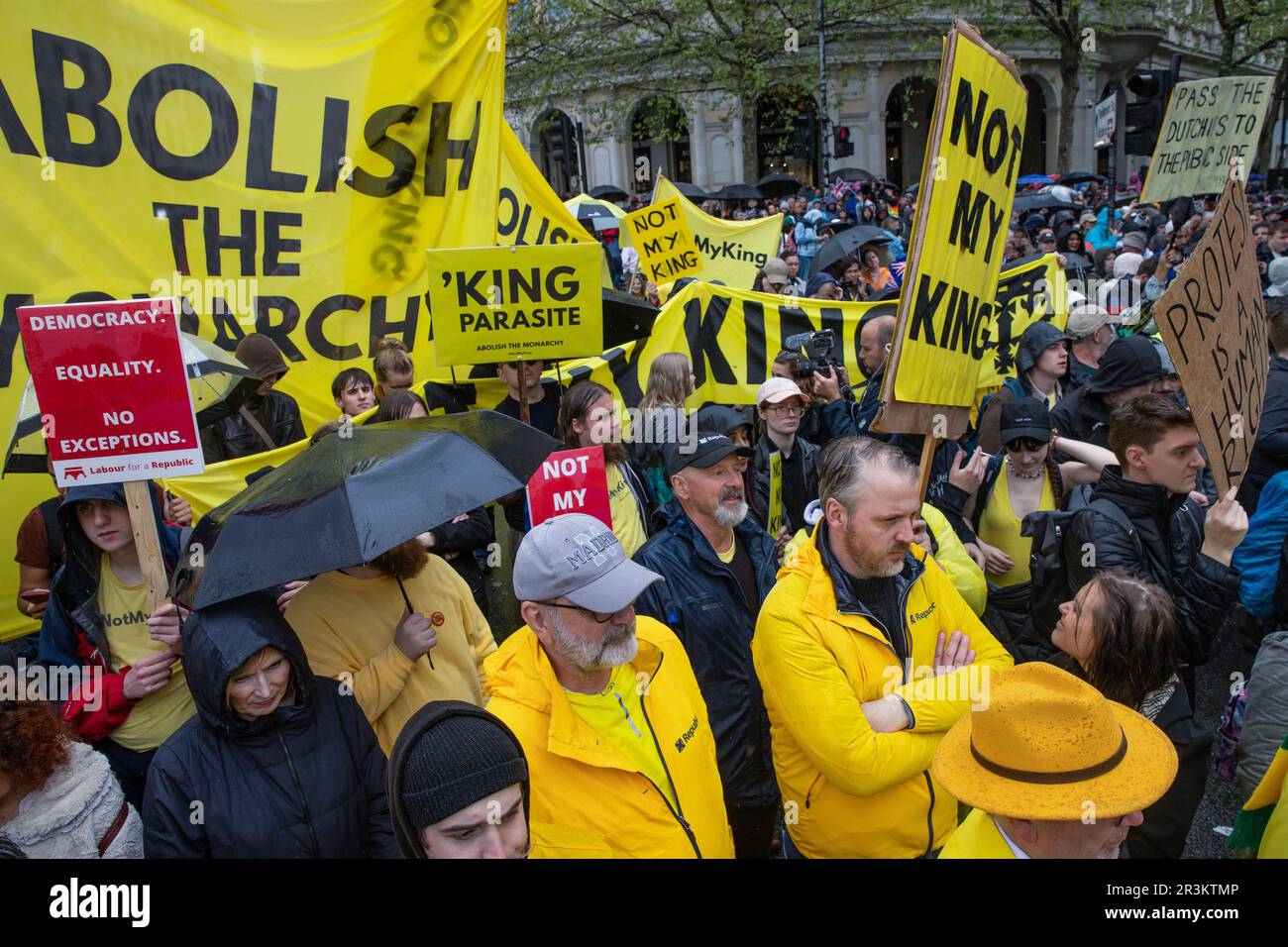 London, UK. 6th May, 2023. Campaigners from anti-monarchy movement ...