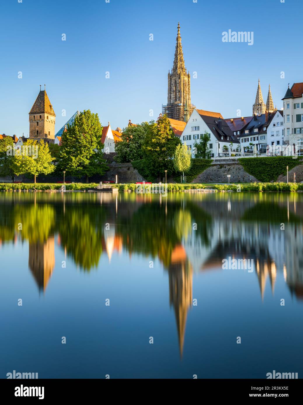 Ulm with Minster Curch and reflection in river danube in spring Stock ...