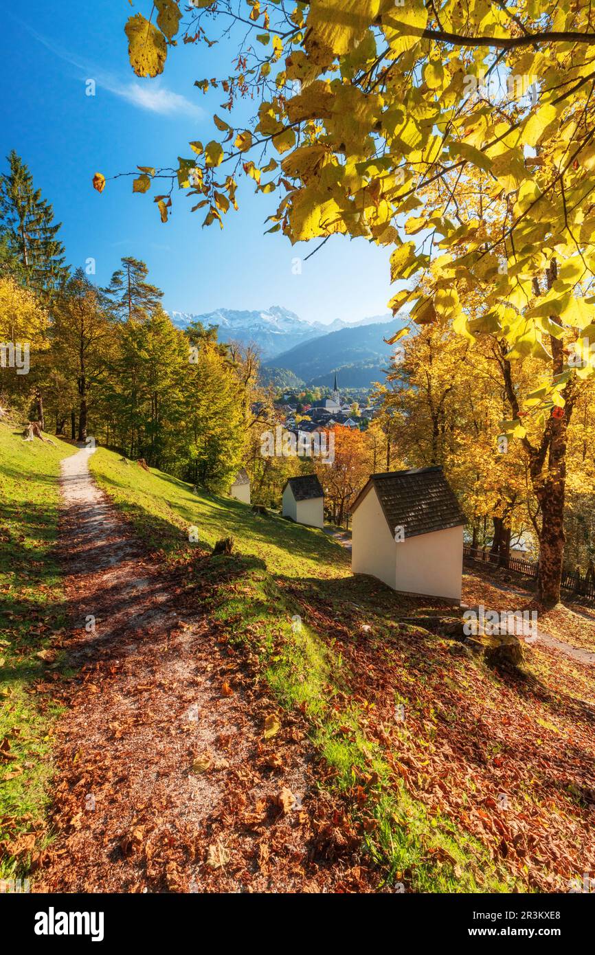 City Garmisch in autumn with snow on the peaks Stock Photo - Alamy