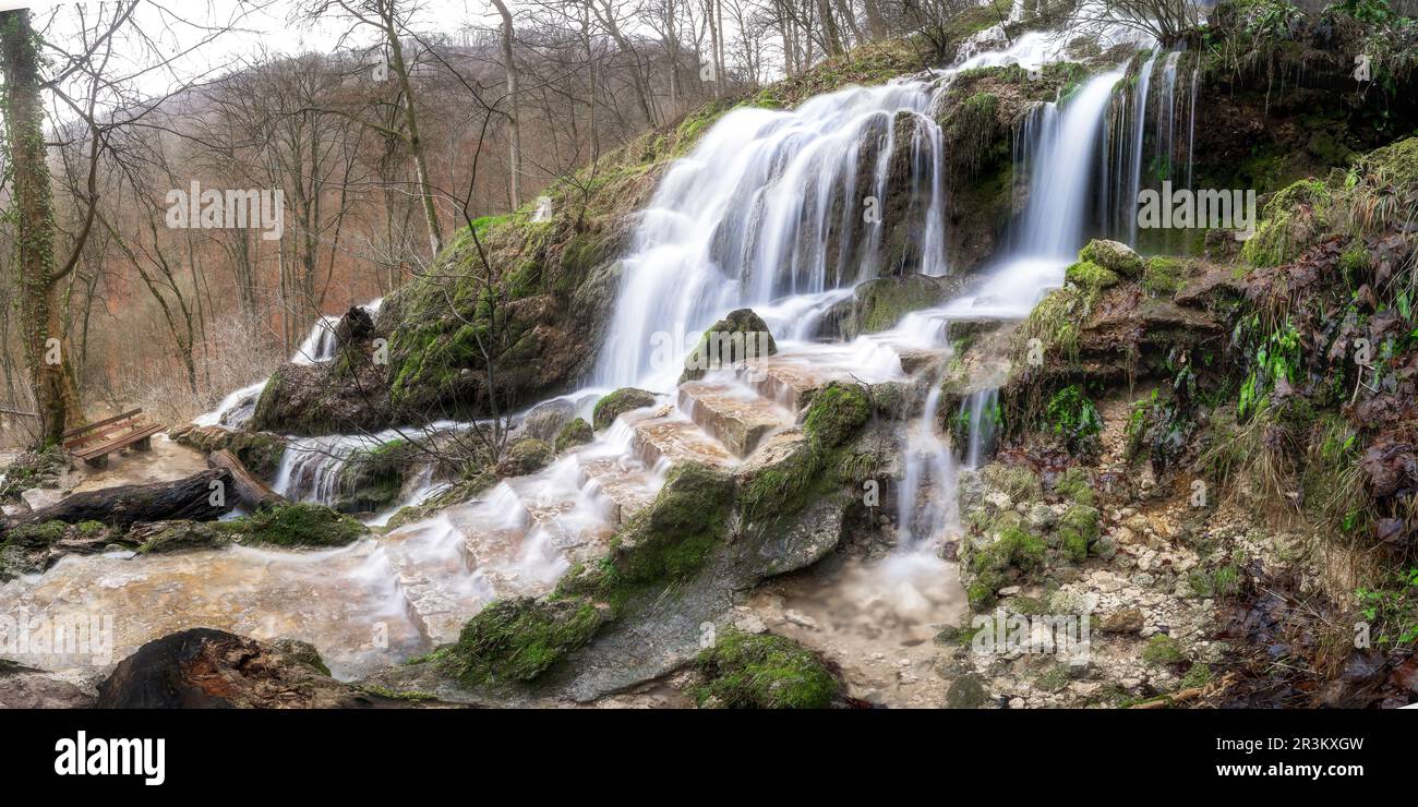 Panorama of waterfall in Bad Urach near Reutlingen after flooding Stock ...