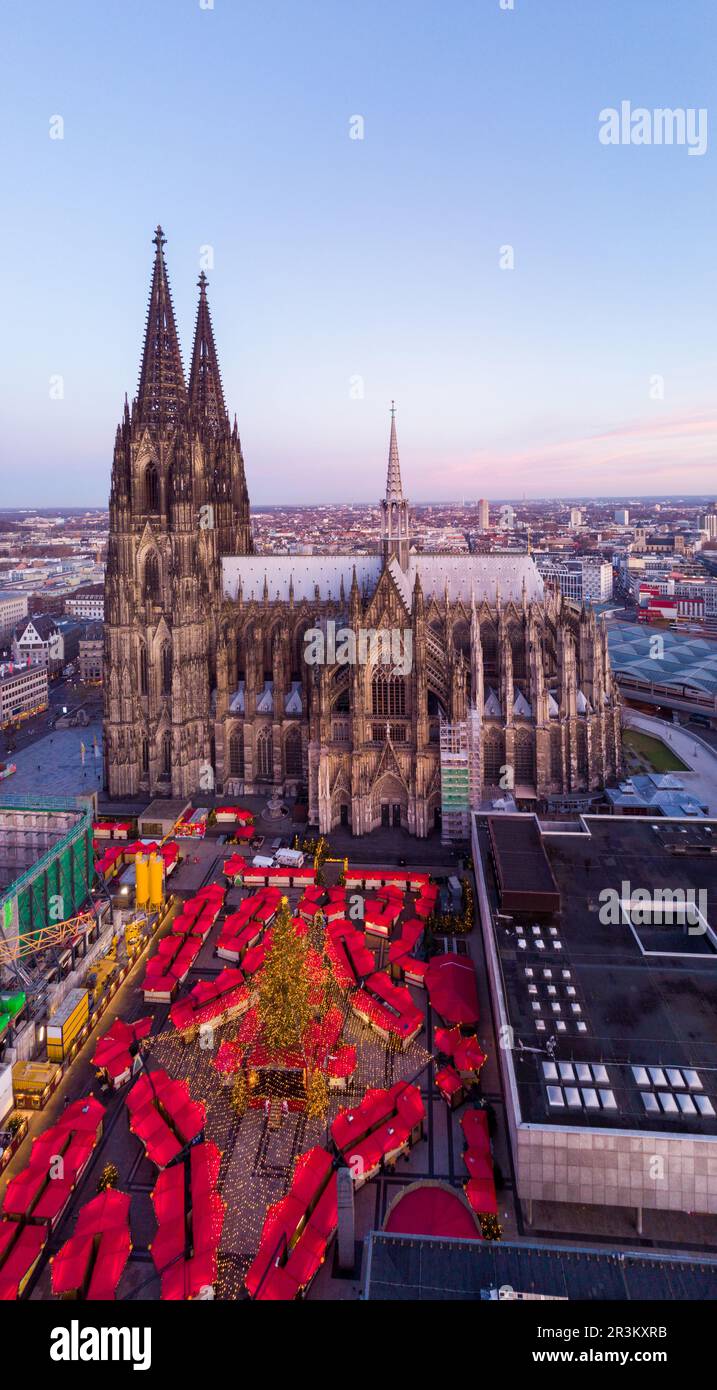 Cologne Germany Christmas market, aerial drone view over Cologne rhine ...