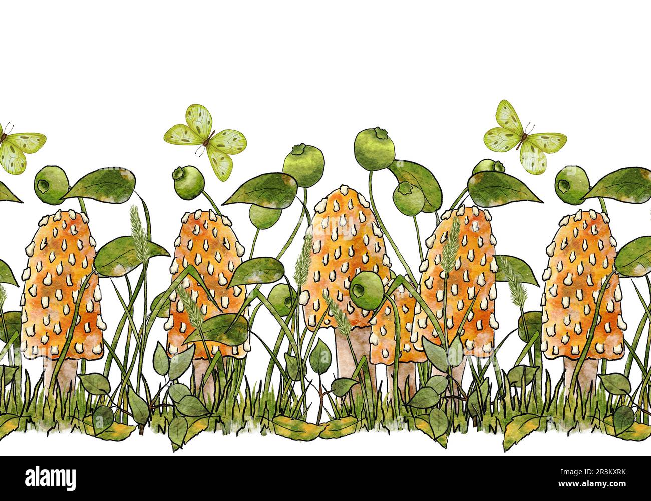 Watercolor Mushroom border with Butterflies. The illustration is hand ...