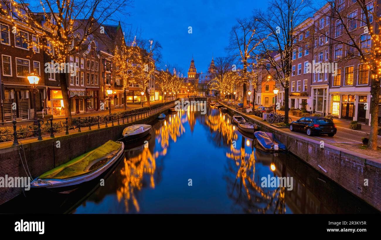 Amsterdam canals with Christmas lights during December, canal ...