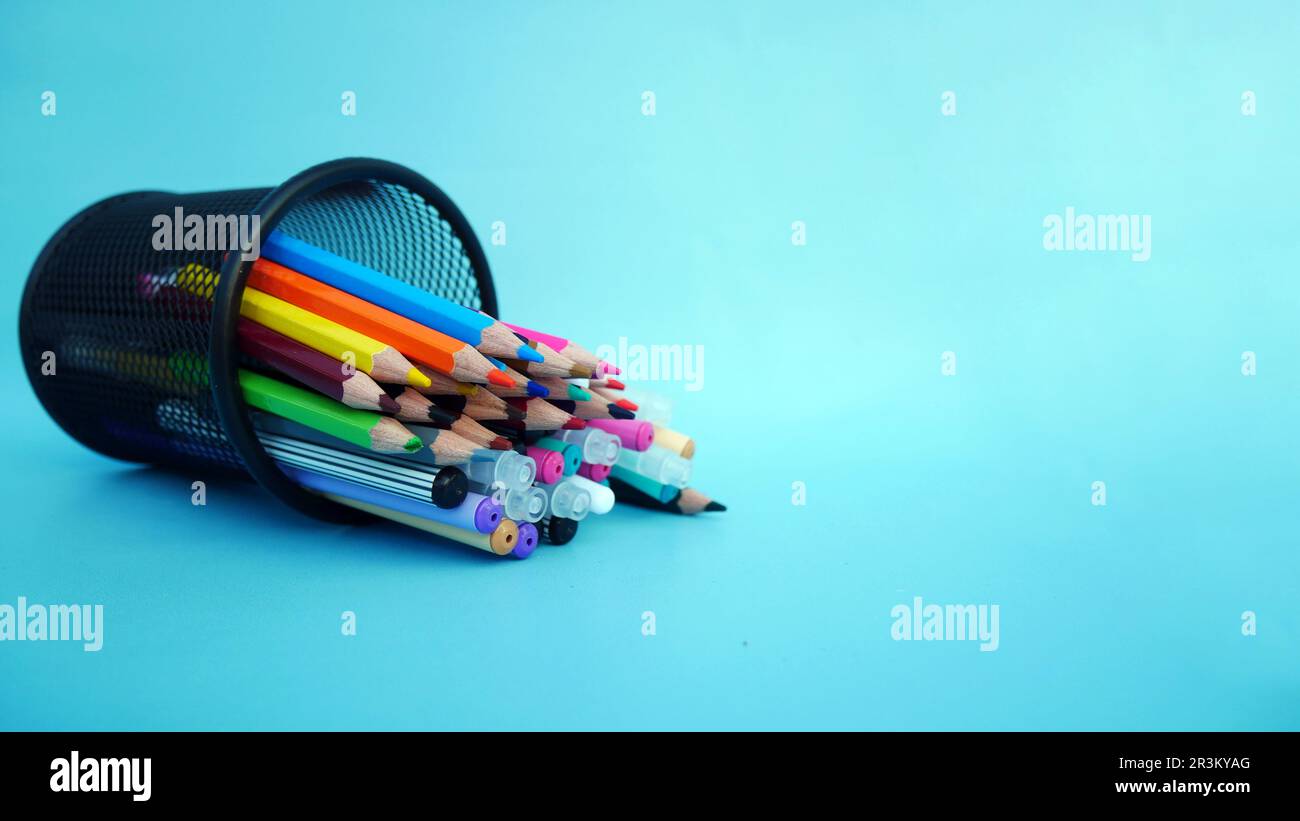Back to school concept. Front view photo of school supplies, pencils ...
