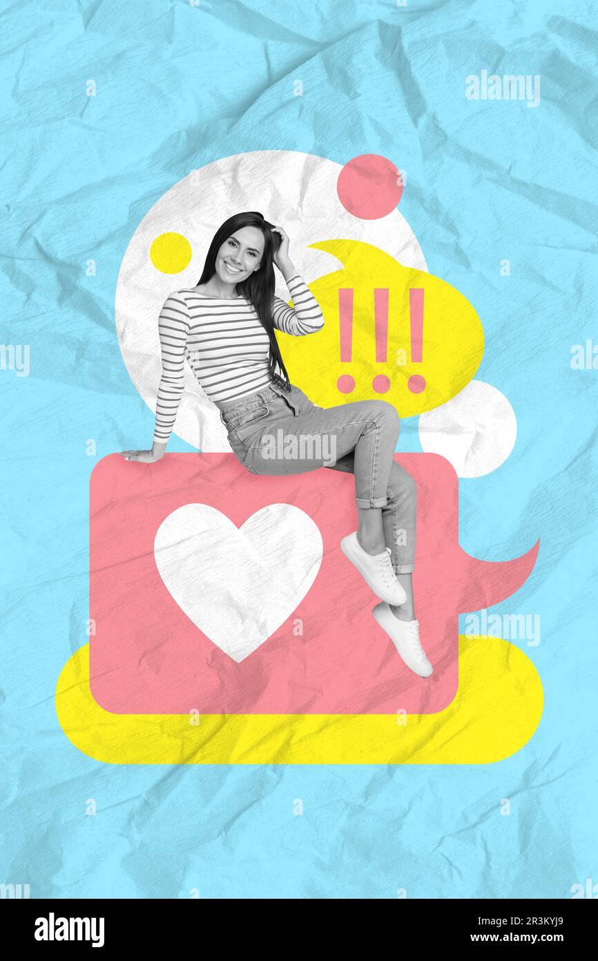 Vertical collage image of mini black white gamma girl sit huge heart like notification dialogue ...