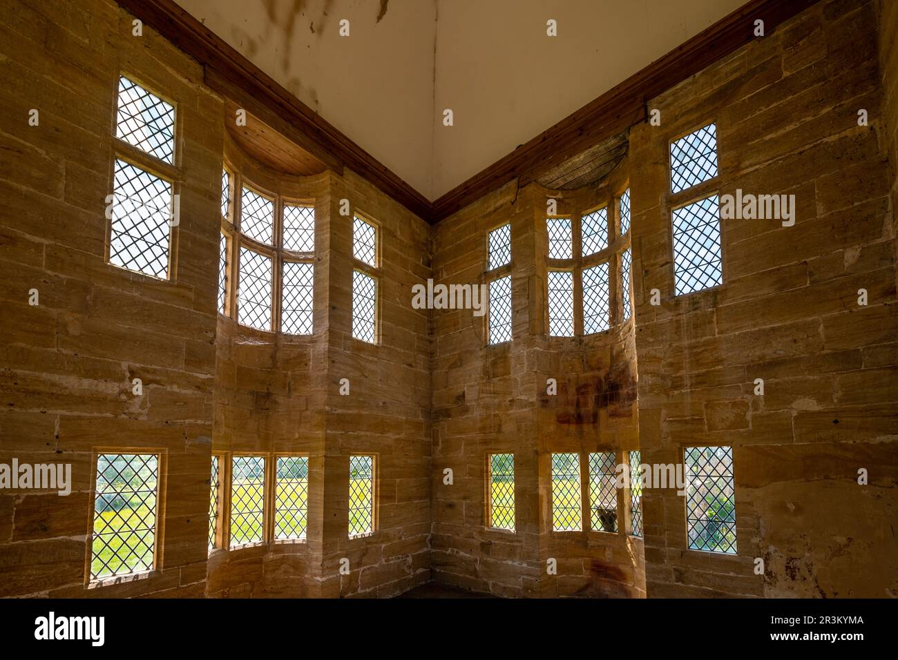 Montacute, UK. Sunday 21 May 2023. Inside an empty garden folly at ...