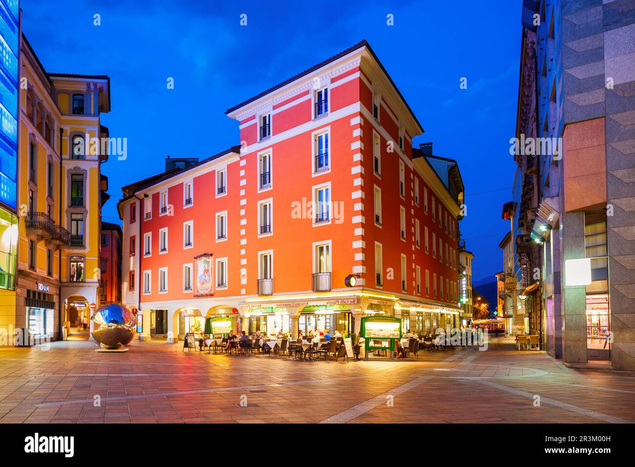 LUGANO, SWITZERLAND - JULY 09, 2019: Street cafe at the Piazza Dante ...