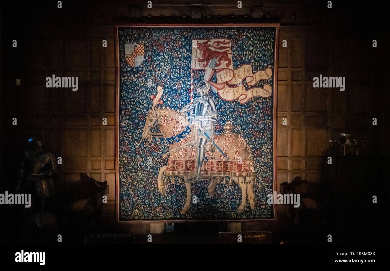 Montacute, UK. Sunday 21 May 2023.. 14th century tapestry of a knight ...