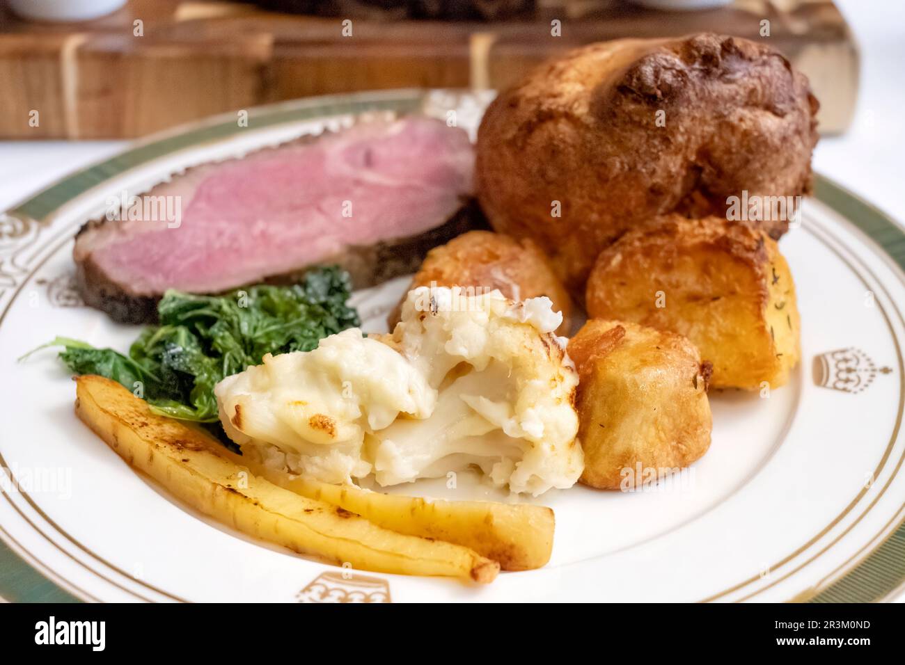 A traditional English full roast dinner. Served with striploin of beef ...