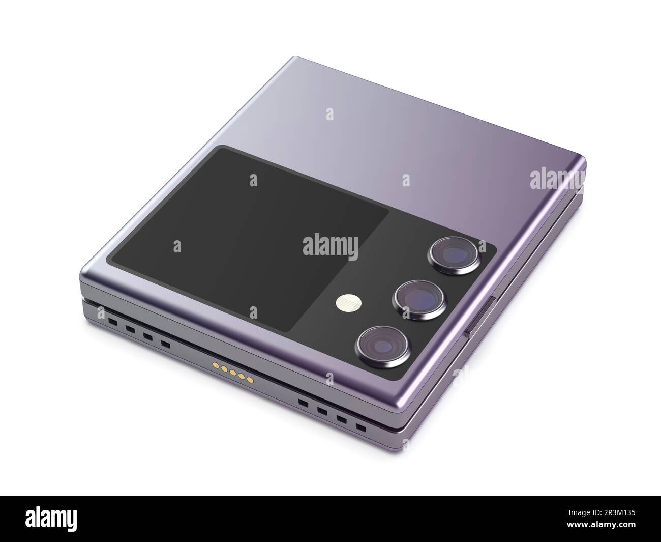 Purple foldable smartphone with three cameras on white background Stock ...