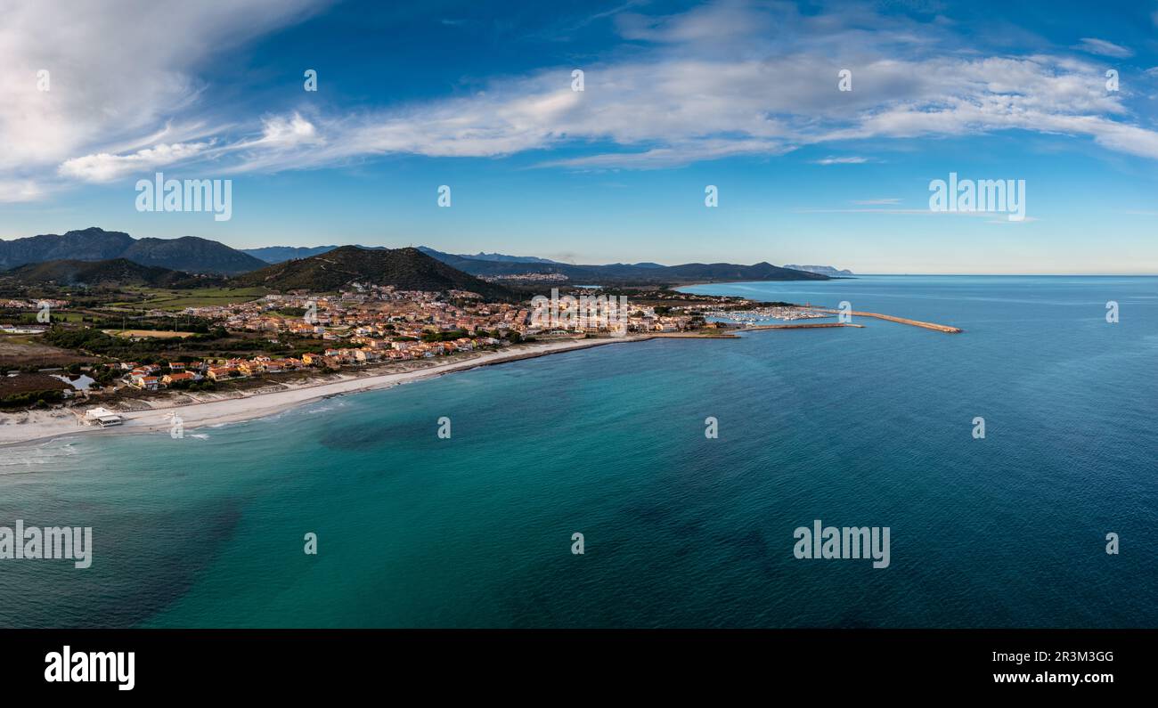 Aerial panroama landscape Siniscola and the Sardinian coast on the ...