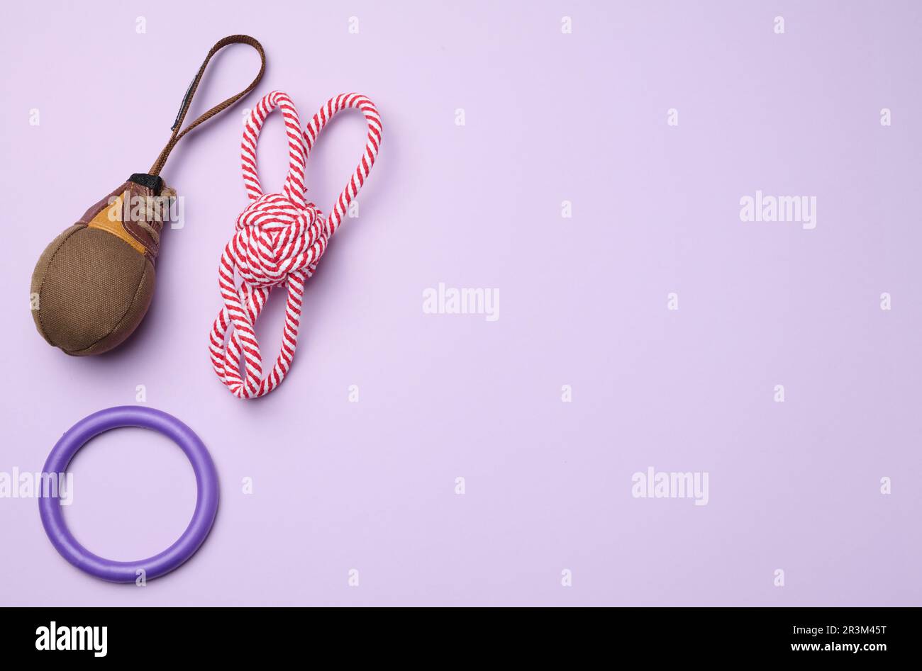 Textile toy, rope for playing with animals on a purple background, top ...