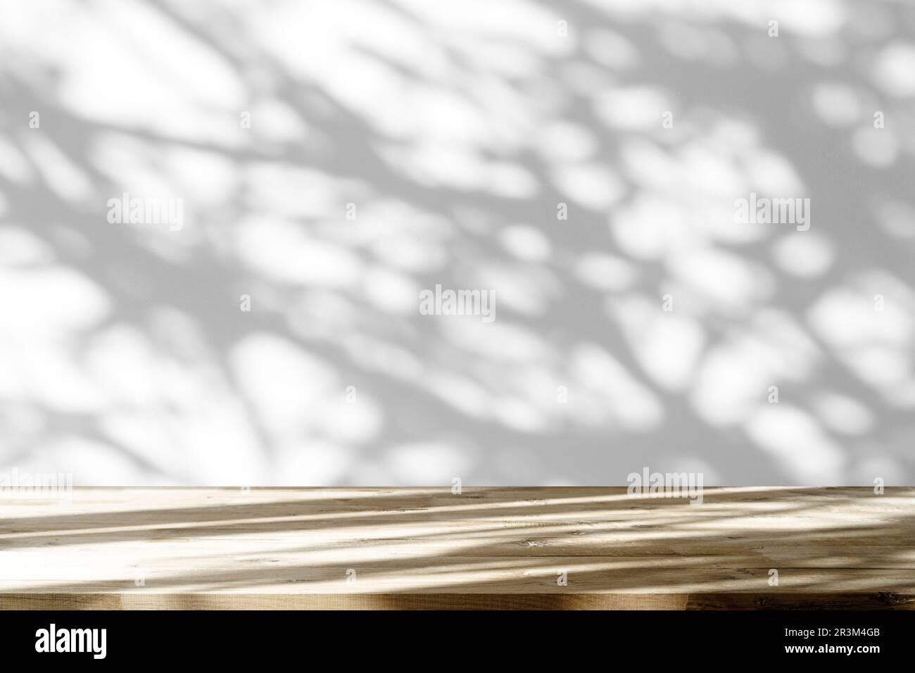 Table shadow background. Wooden table and white empty wall with plant ...