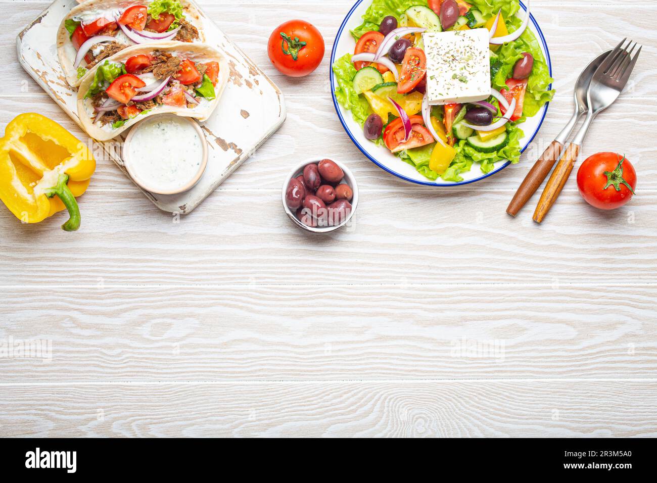 Traditional Greek Food: Greek Salad, Gyros with meat and vegetables ...