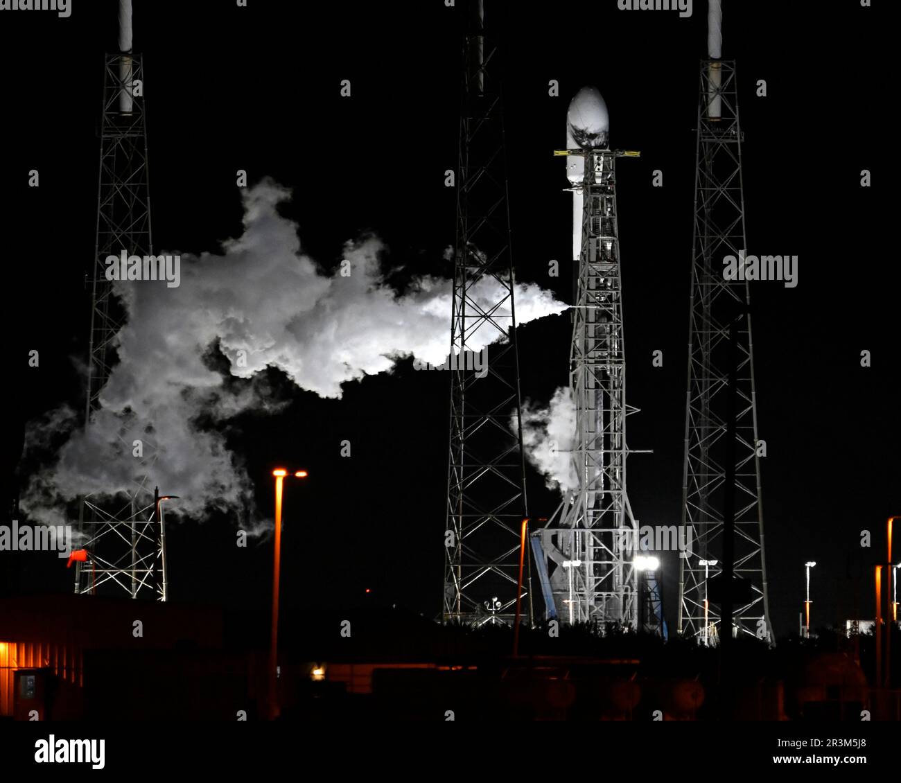 Florida, US, May 24, 2023. A SpaceX Falcon 9 rocket vents propellant ...