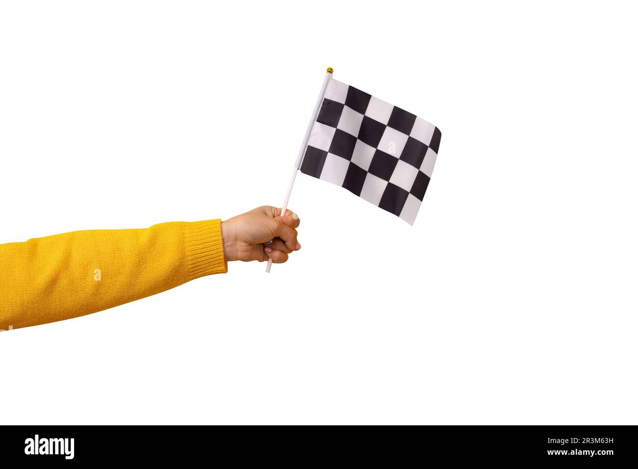 checkered flag in hand isolated on white background Stock Photo - Alamy