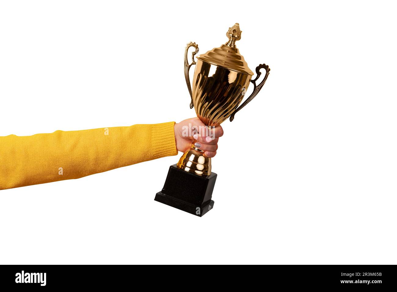 hand holding golden trophy isolated on white background Stock Photo - Alamy