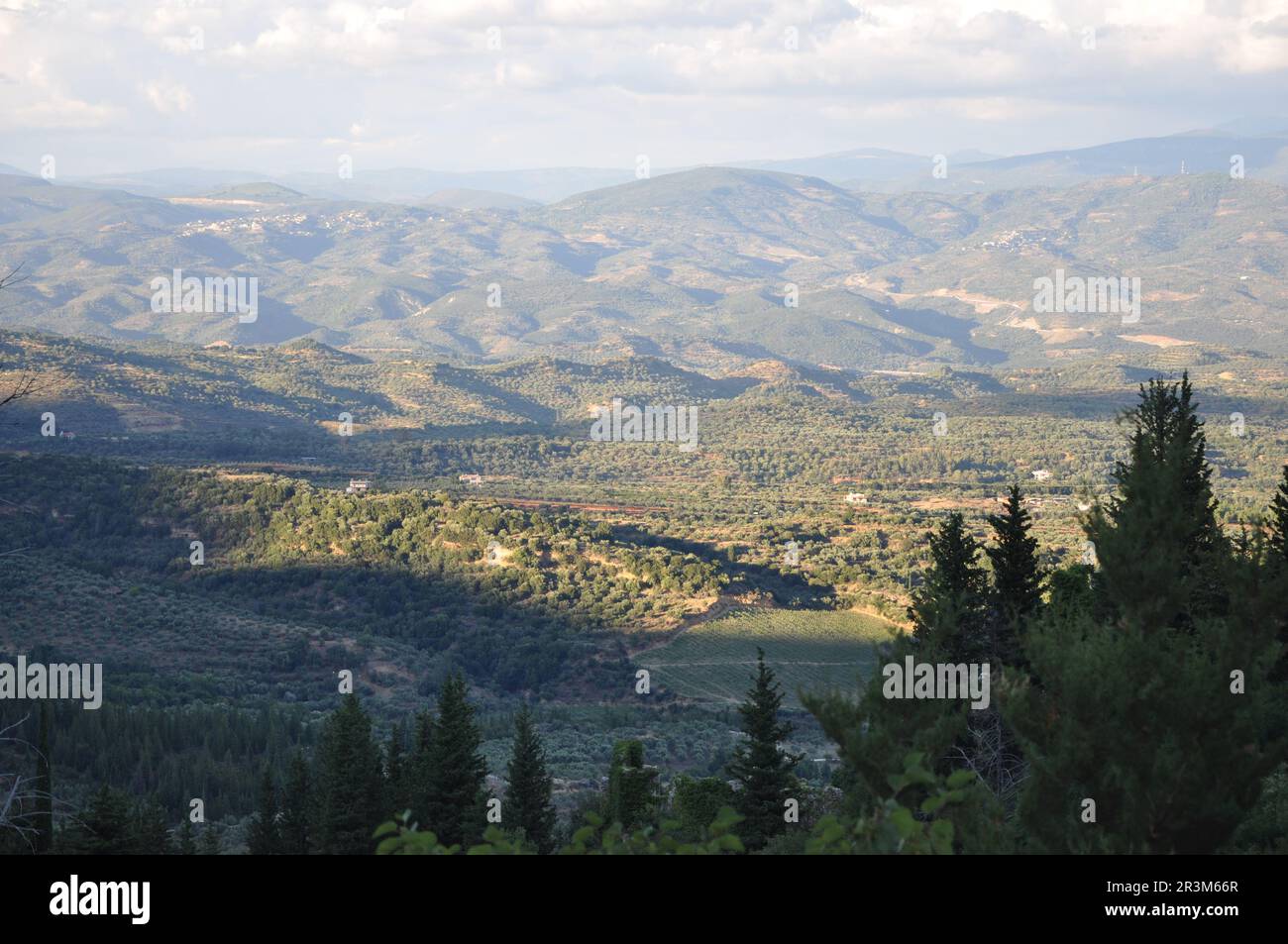 Greek mountain landscape covered in the sun during the evening Stock ...