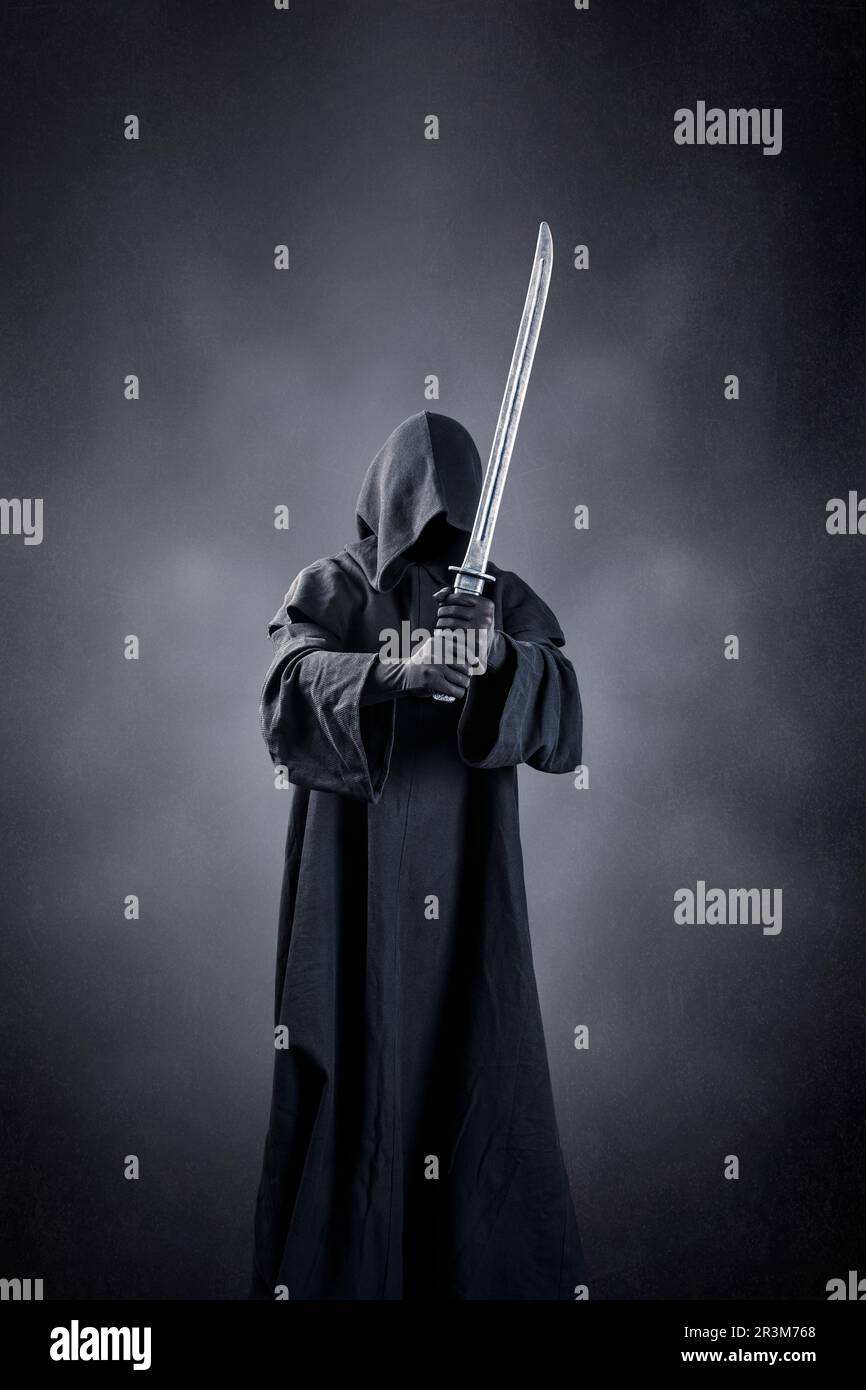 Samurai warrior with katana sword over dark misty background Stock ...