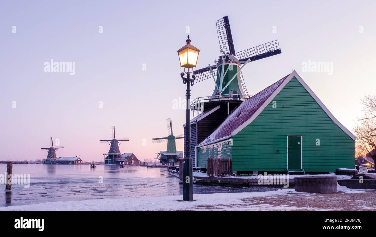 Zaanse Schans windmill village during winter with snow landscape in the ...