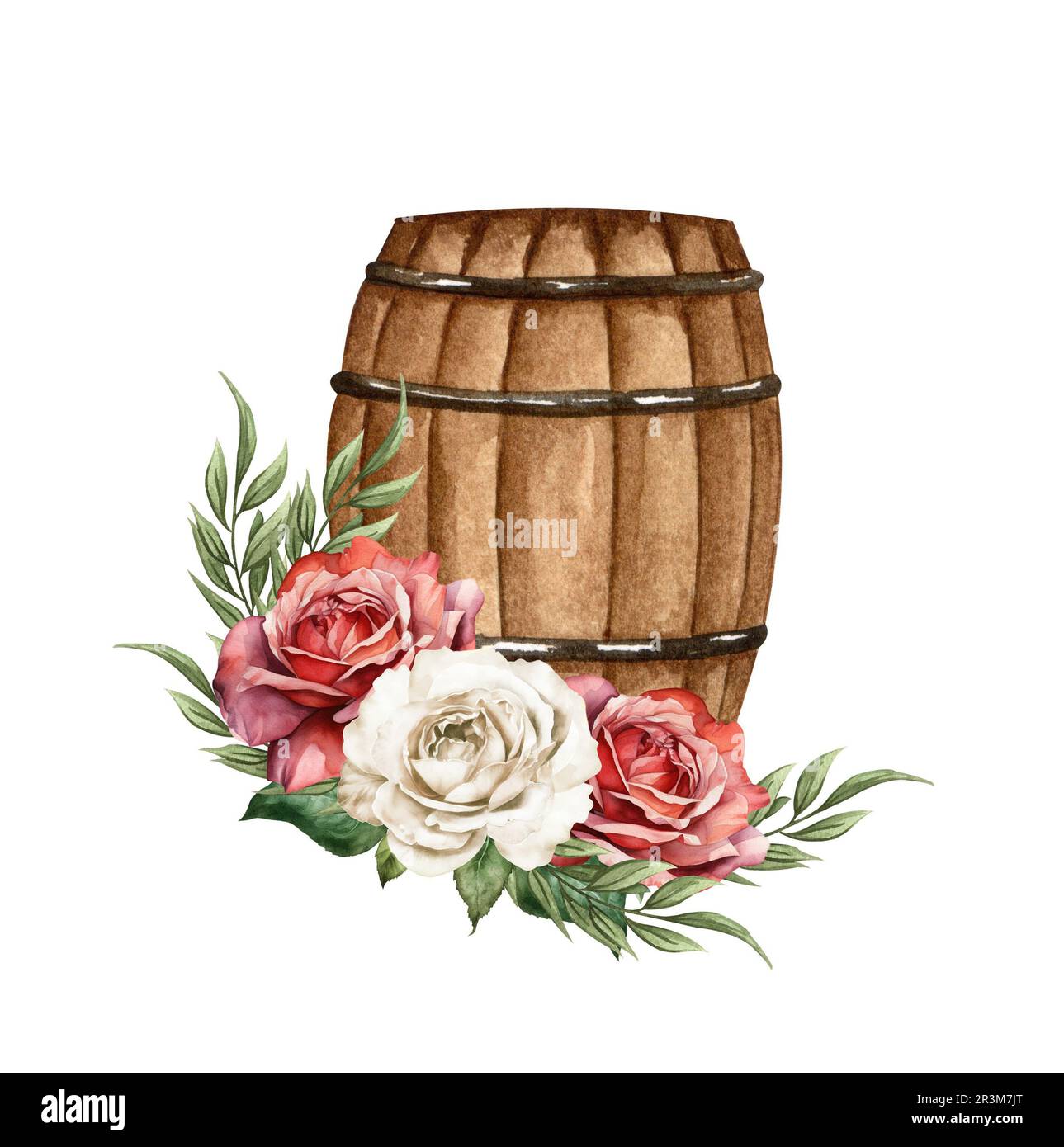 Watercolor floral wooden barrel. Red roses flowers. Farmhouse ructick ...