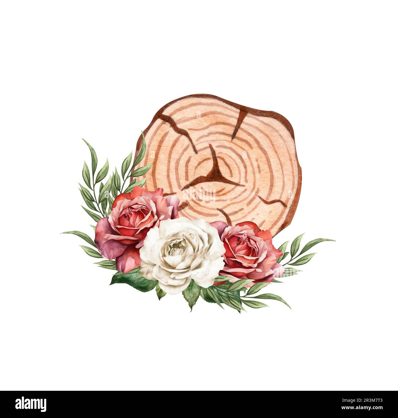 Watercolor floral wooden log. Western wooden log and flowers. Farmhouse ...
