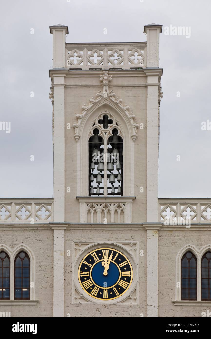 The town hall tower with carillon and large tower clock, Weimar town ...