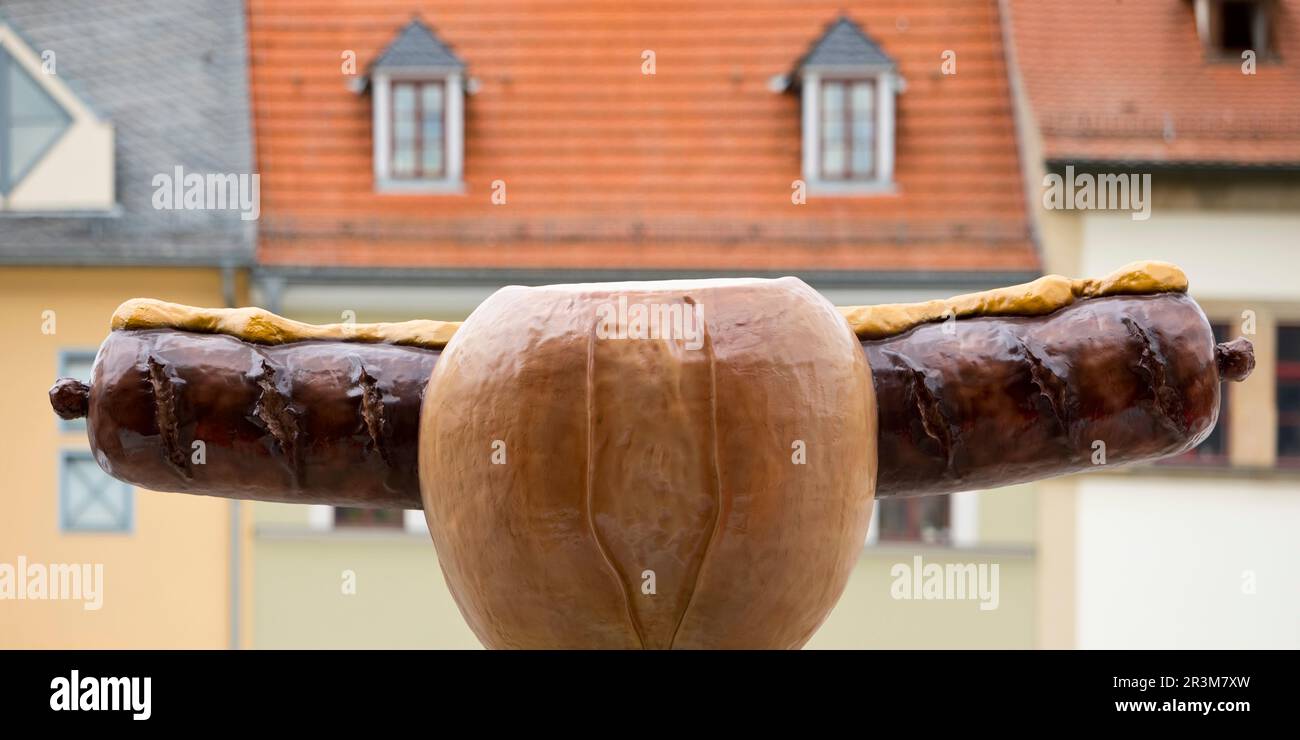 Advertisement for Thuringian Rostbratwurst on a stall on the market ...