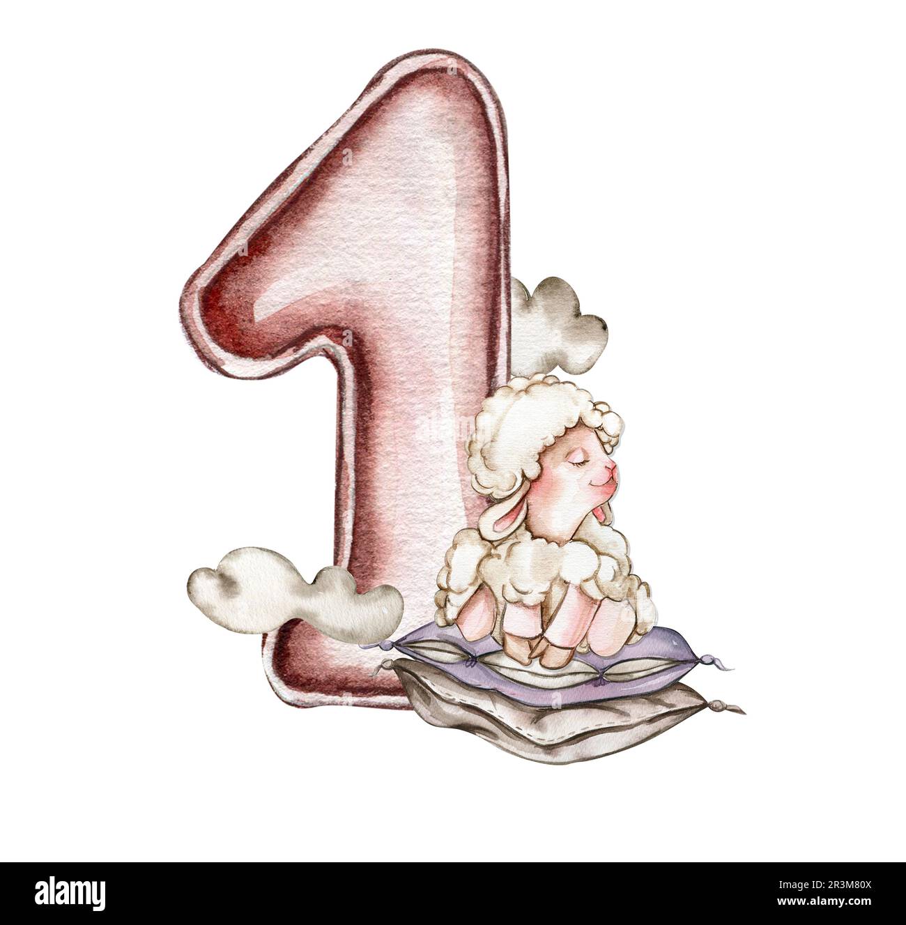 Watercolor hand drawn numbers and fluffu sheep composition ...