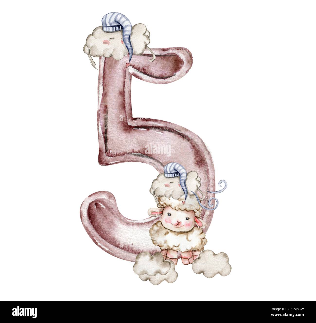Watercolor hand drawn numbers and fluffu sheep composition ...