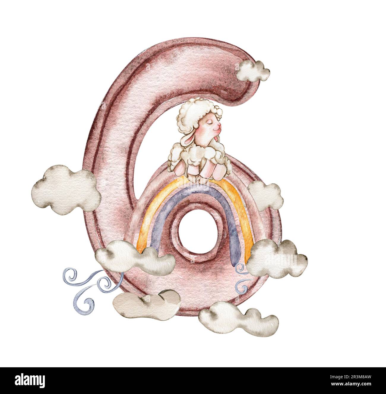 Watercolor hand drawn numbers and fluffu sheep composition ...