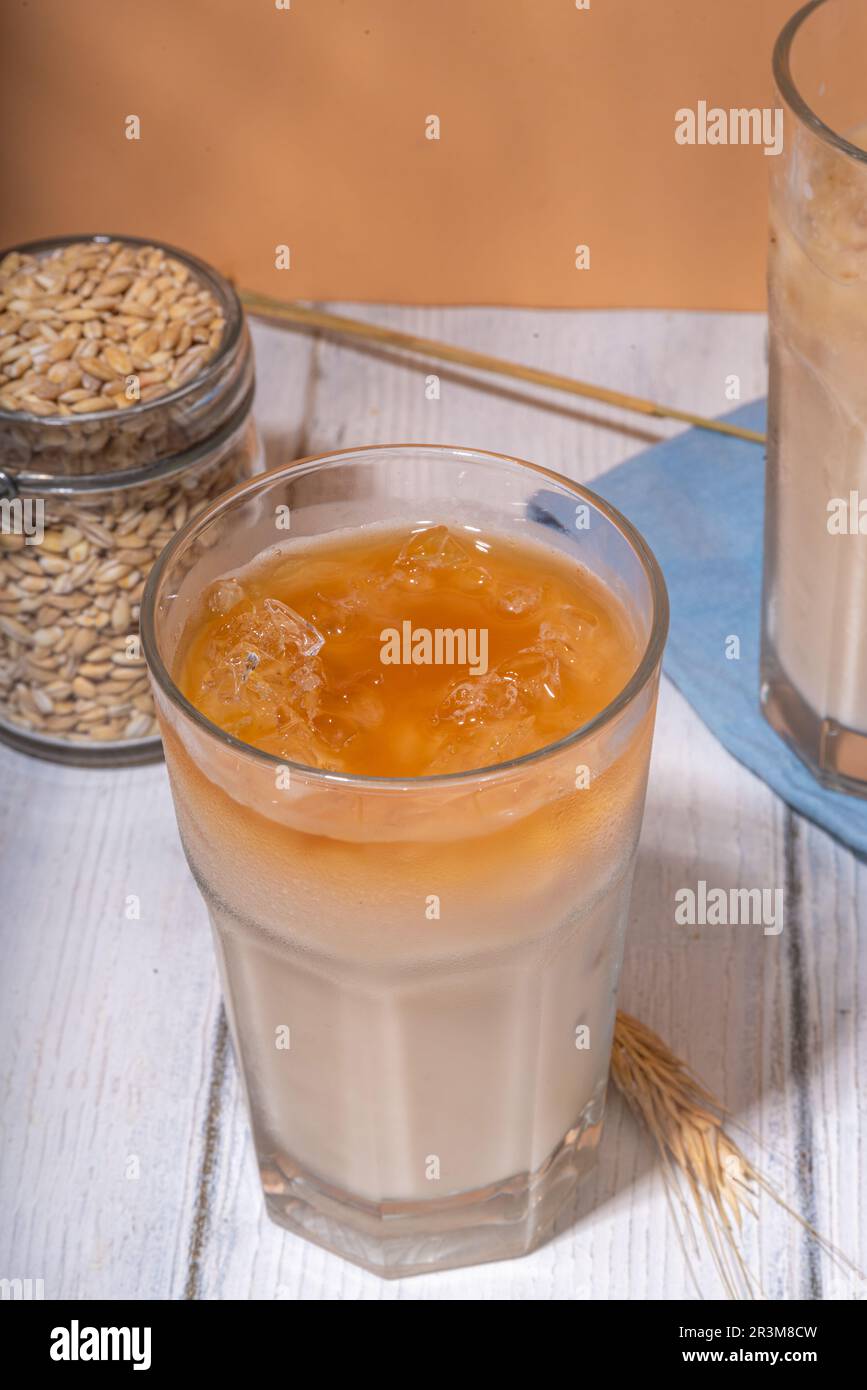 Iced barley orzo latte coffee, iced organic alternative coffee drink ...