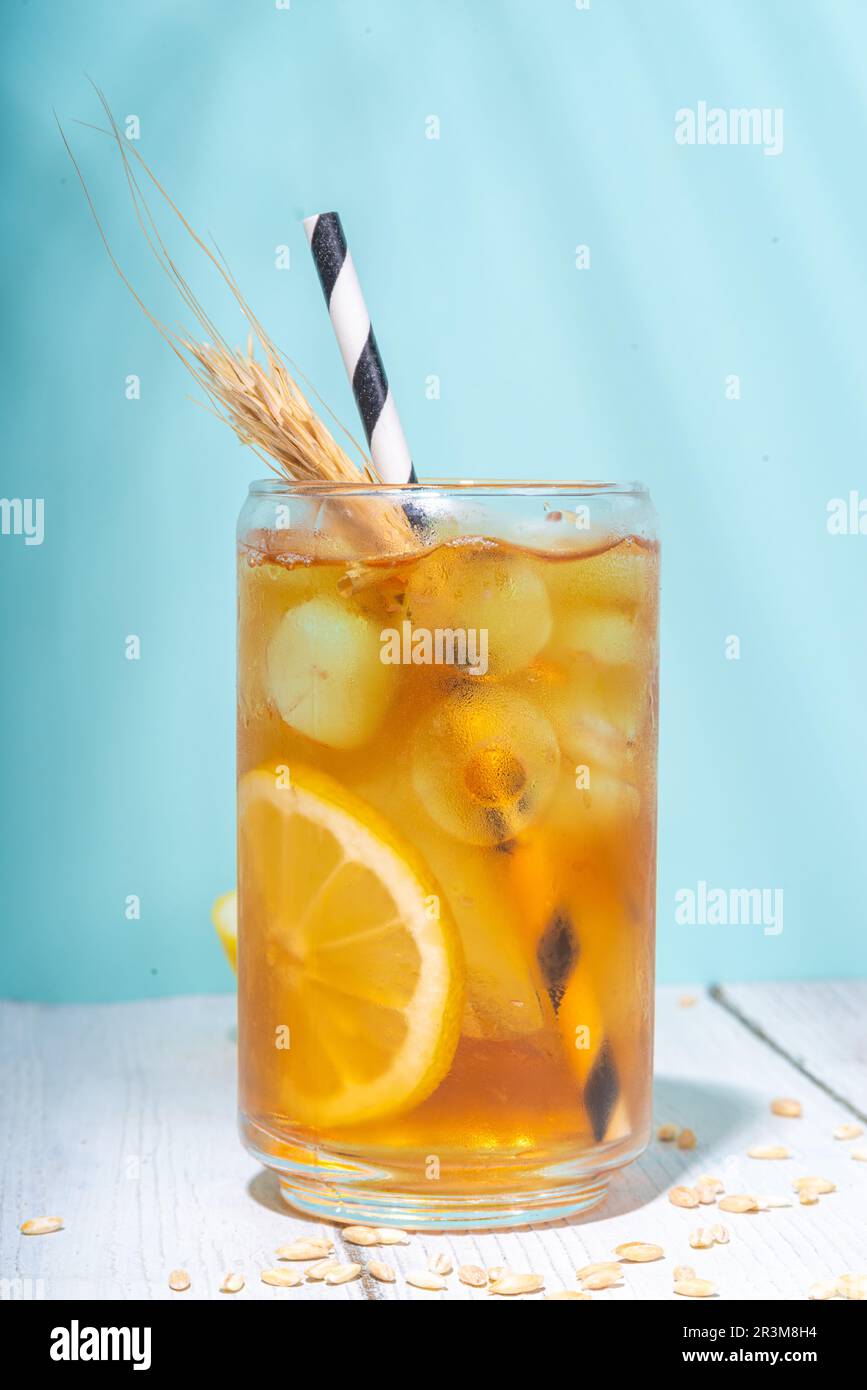 Barley cold tea, organic barley orzo iced tea in tall glass Stock Photo ...