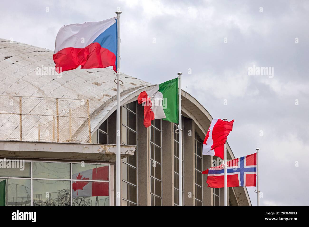 World Flags in Front of International Conference Hall Building Event ...