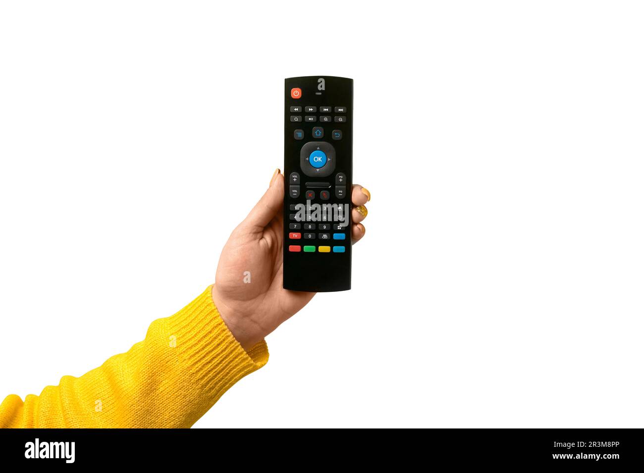 black remote control in hand isolated on white background Stock Photo ...