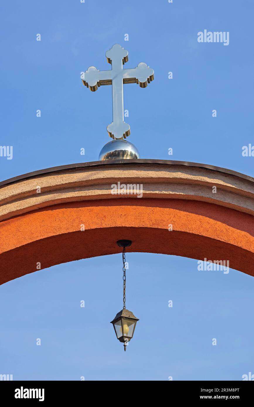 Silver Cross and Lantern at Arch Gate to Orthodox Church of Holy ...