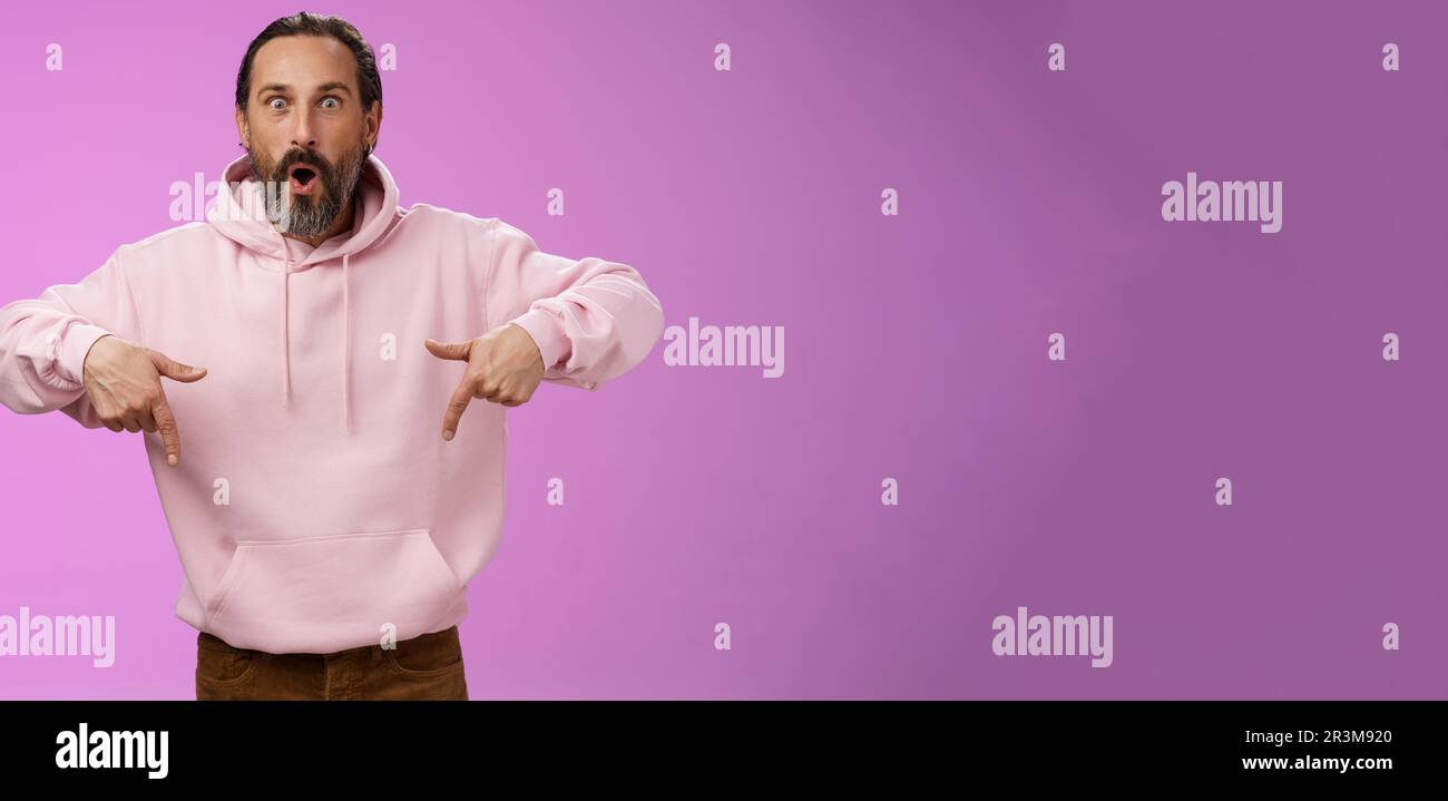 Impressed fascinated speechless dad bearded grey hair say wow widen ...