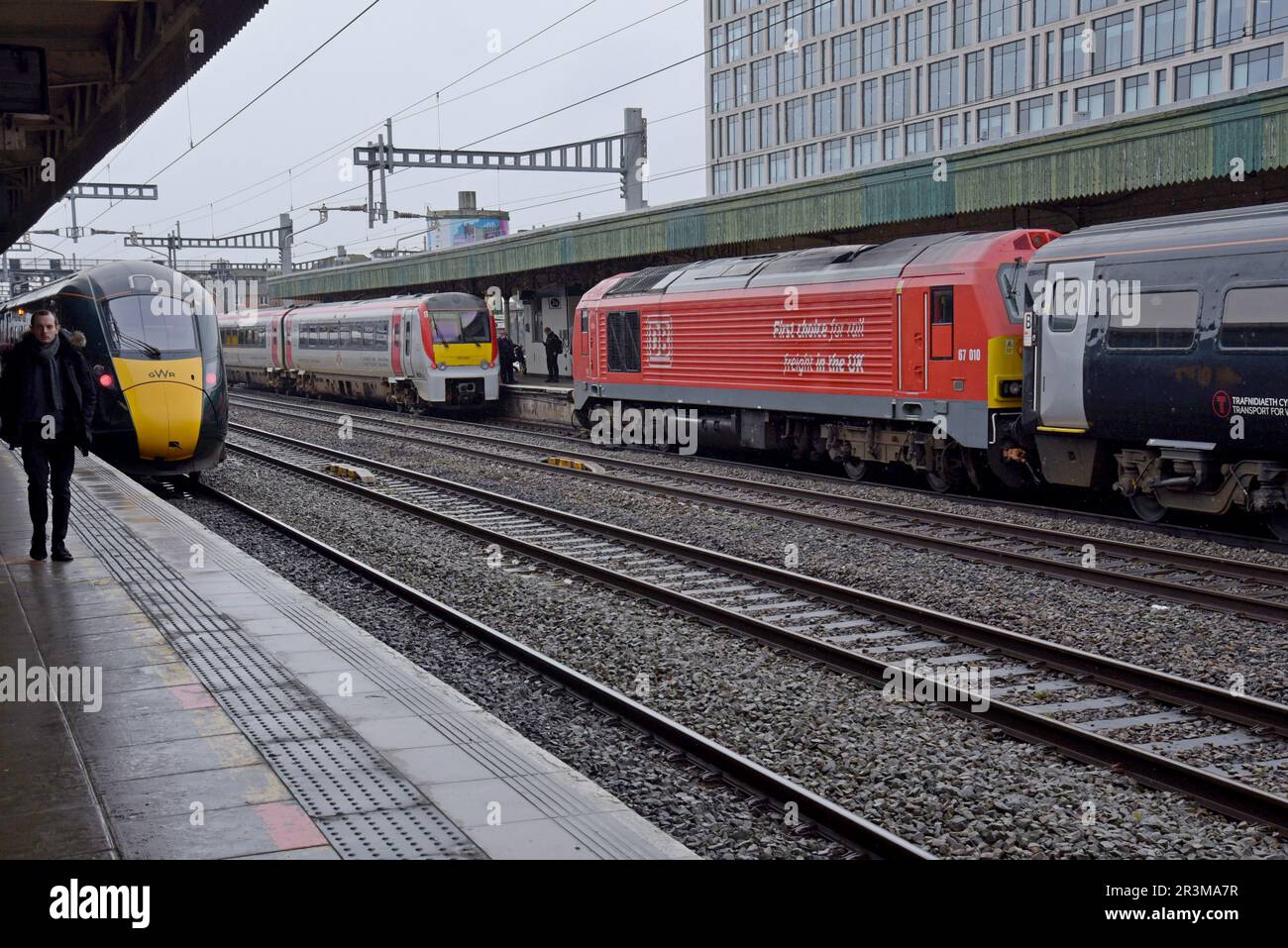 Great Western Railway and Transport for Wales trains at Cardiff Central ...