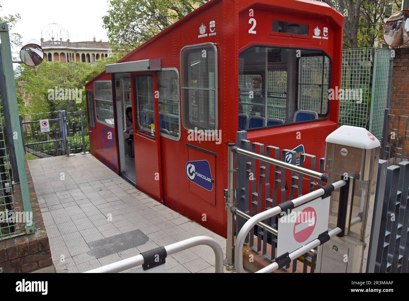 Train car at top station of the Sant'Anna funicular railway in Genoa ...