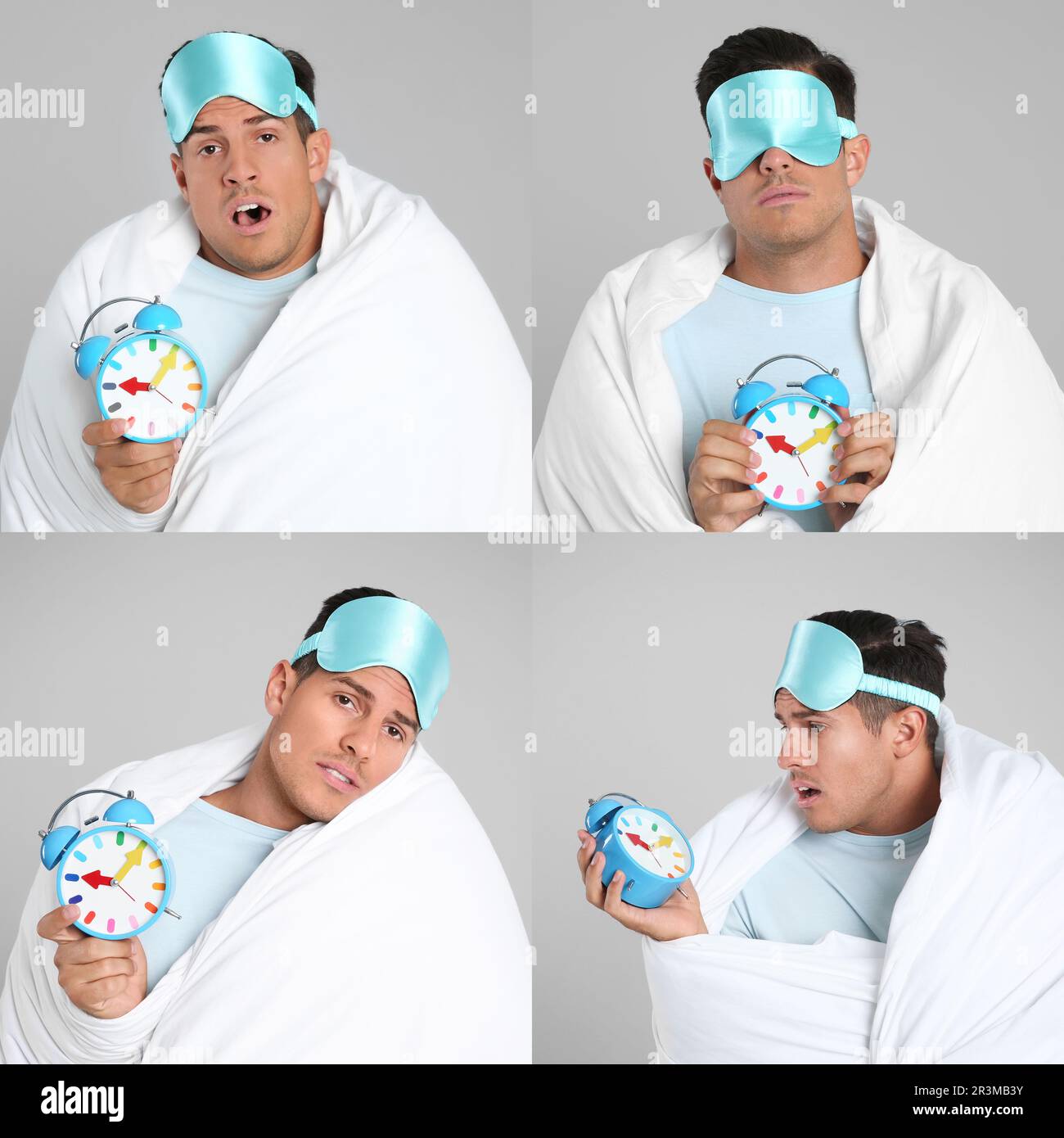 Collage with photos of man wrapped in blanket with alarm clock on light ...